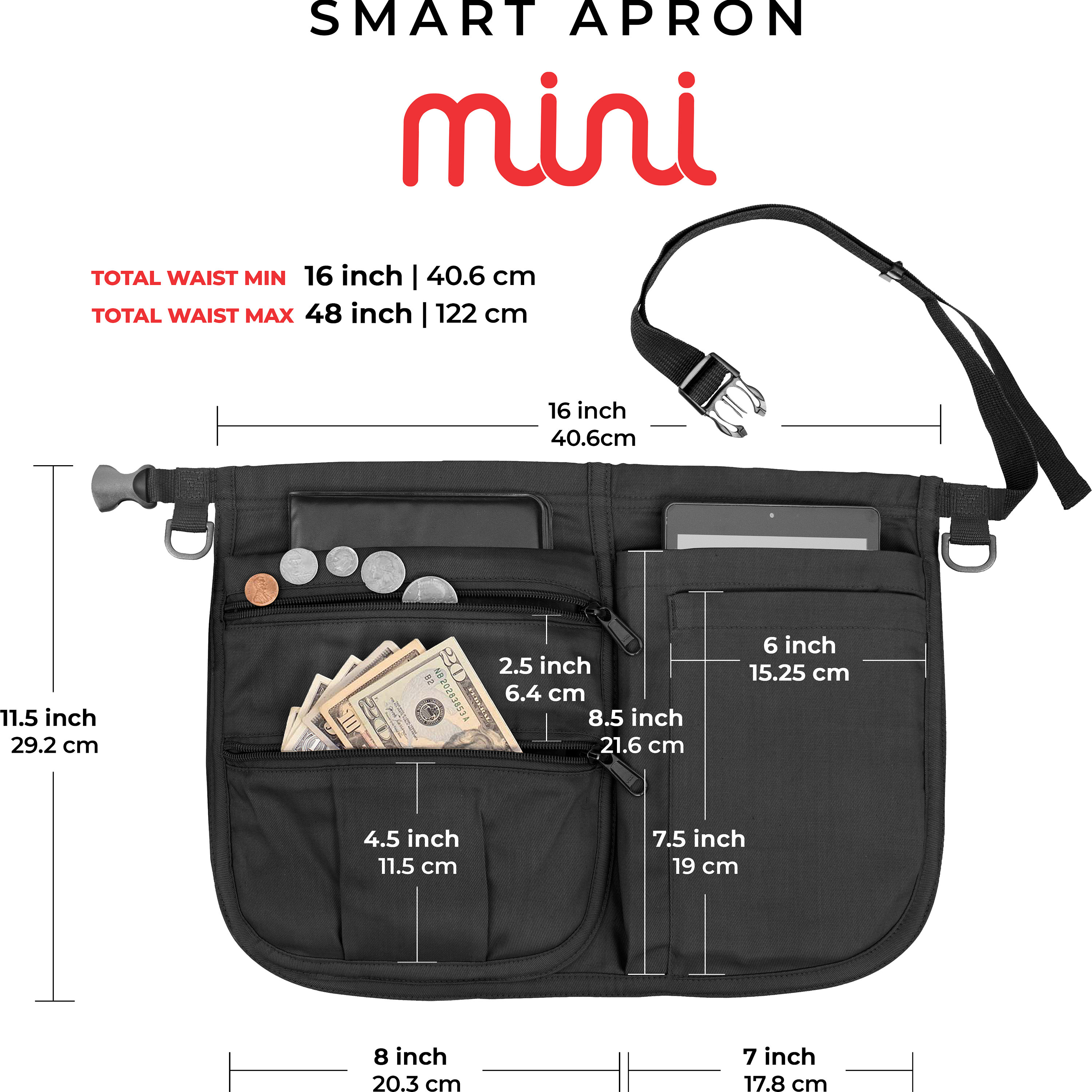 Smart Apron Mini Waist Apron 5 Pockets With Zippers & Adjustable Clip ...