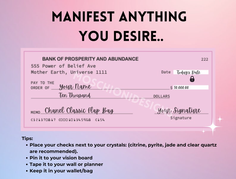 Money Manifestation Checks - Printable Cheque - Law of Attraction ...