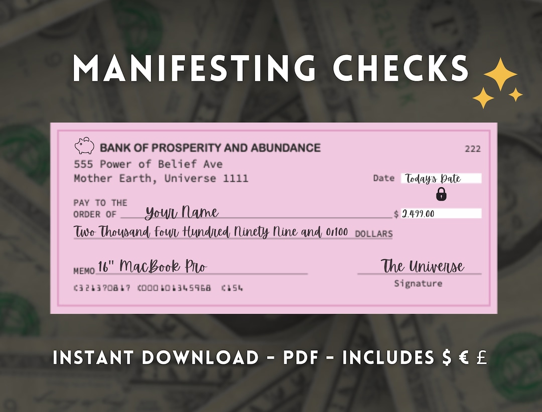 Money Manifestation Checks - Printable Cheque - Law of Attraction ...