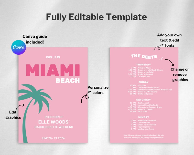 Bachelorette Invite Template Miami Beach | Editable Coastal Weekend ...