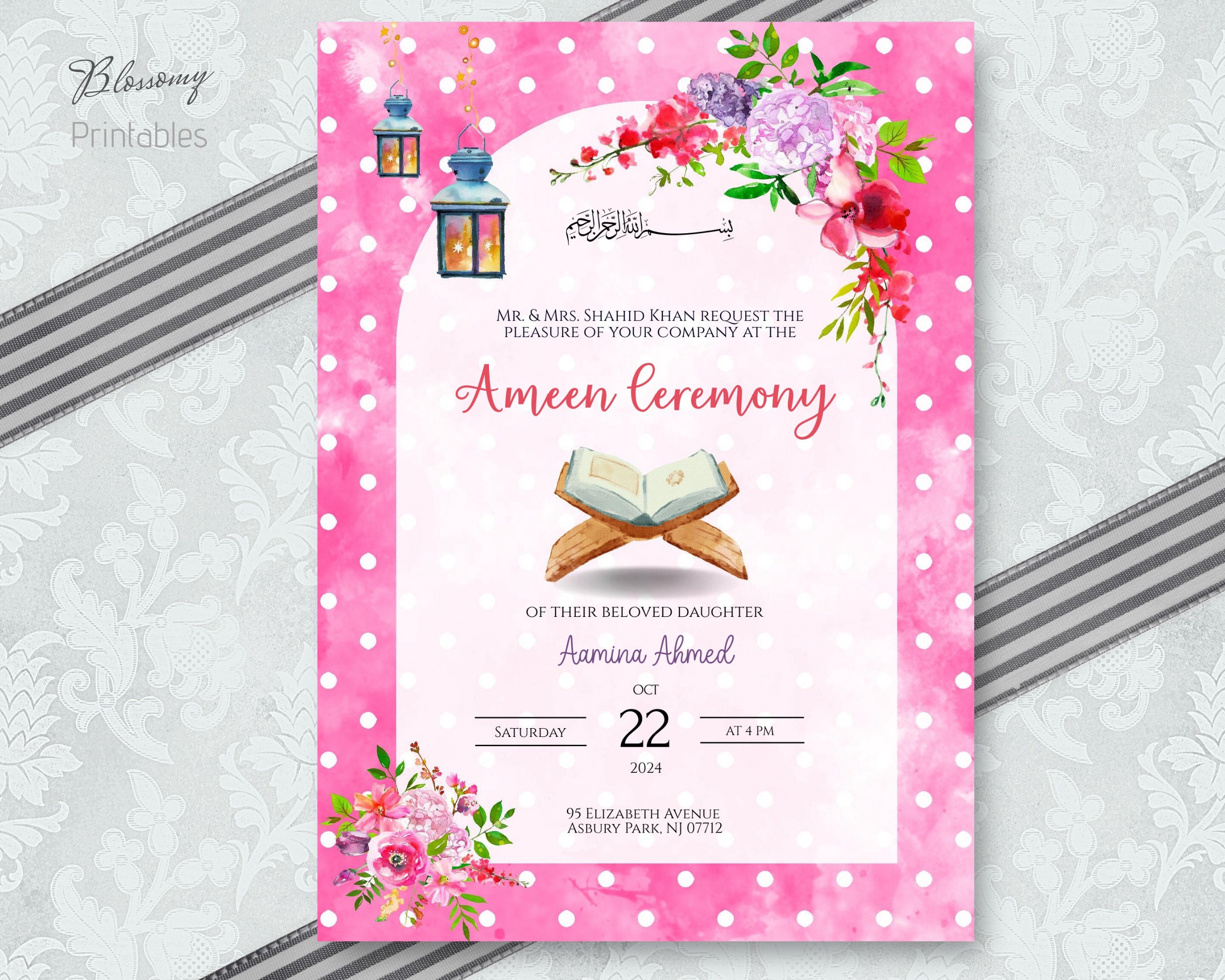 Editable Ameen Invitation Pink, Girl Ameen Card, Amin Invitation ...