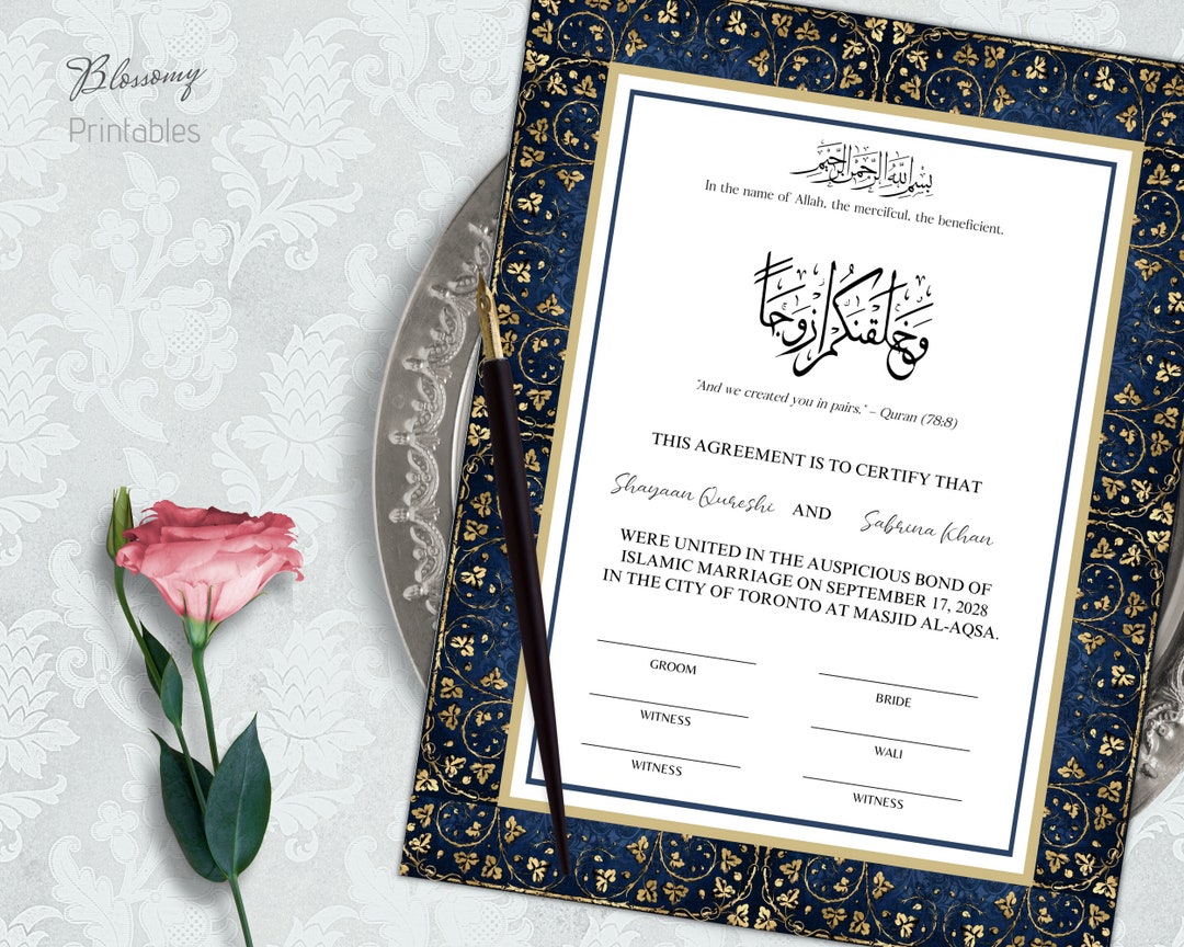 Buy Editable Nikah Certificate Navy Blue Gold, Muslim Nikkah Contract ...