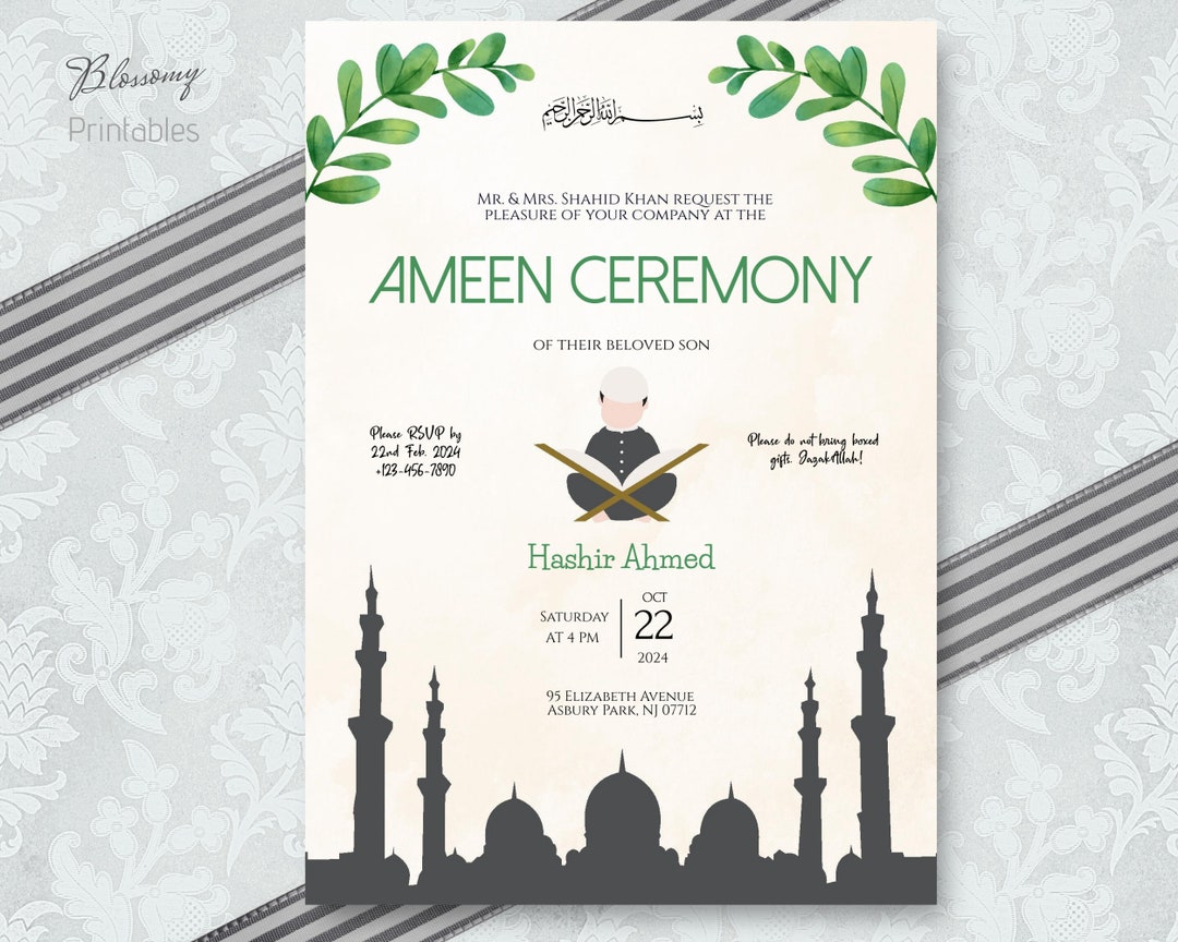 Editable Ameen Invitation Boy, Ameen Card, Green Amin Invitation ...