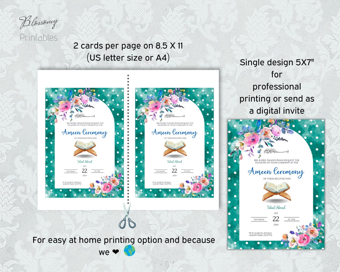 Editable Ameen Invitation Boy, Teal Ameen Card, Amin Invitation, Muslim ...