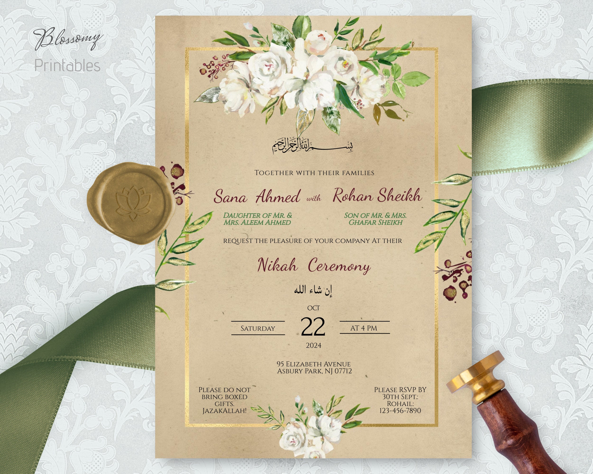 Digital Muslim Wedding Invitation, Nikah Invitation Rustic Green ...