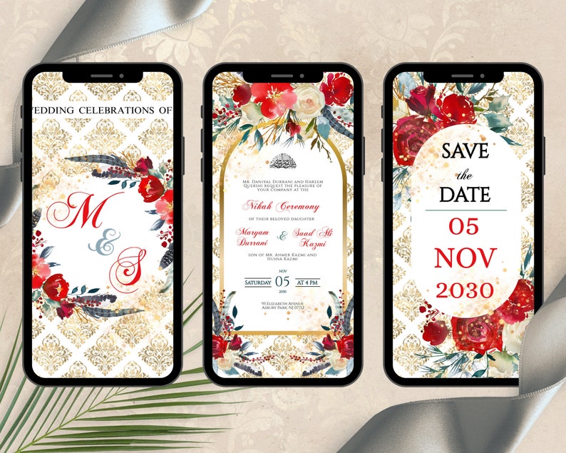Muslim Wedding Invitation Digital EVITE, Nikah Invitation Red Gold ...