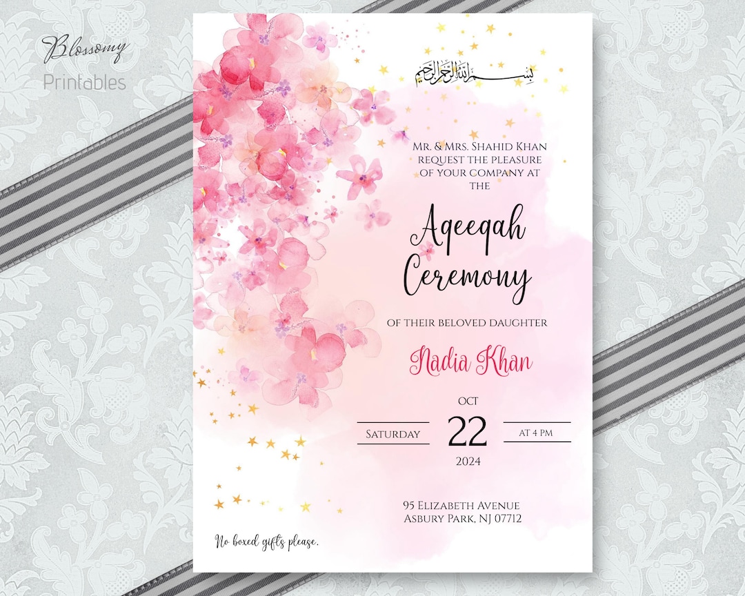 Editable Aqeeqah Invitation Girl, Pink Aqeeqah Card, Aqiqah Invitation ...