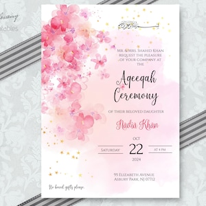 Editable Aqeeqah Invitation Girl, Pink Aqeeqah Card, Aqiqah Invitation ...