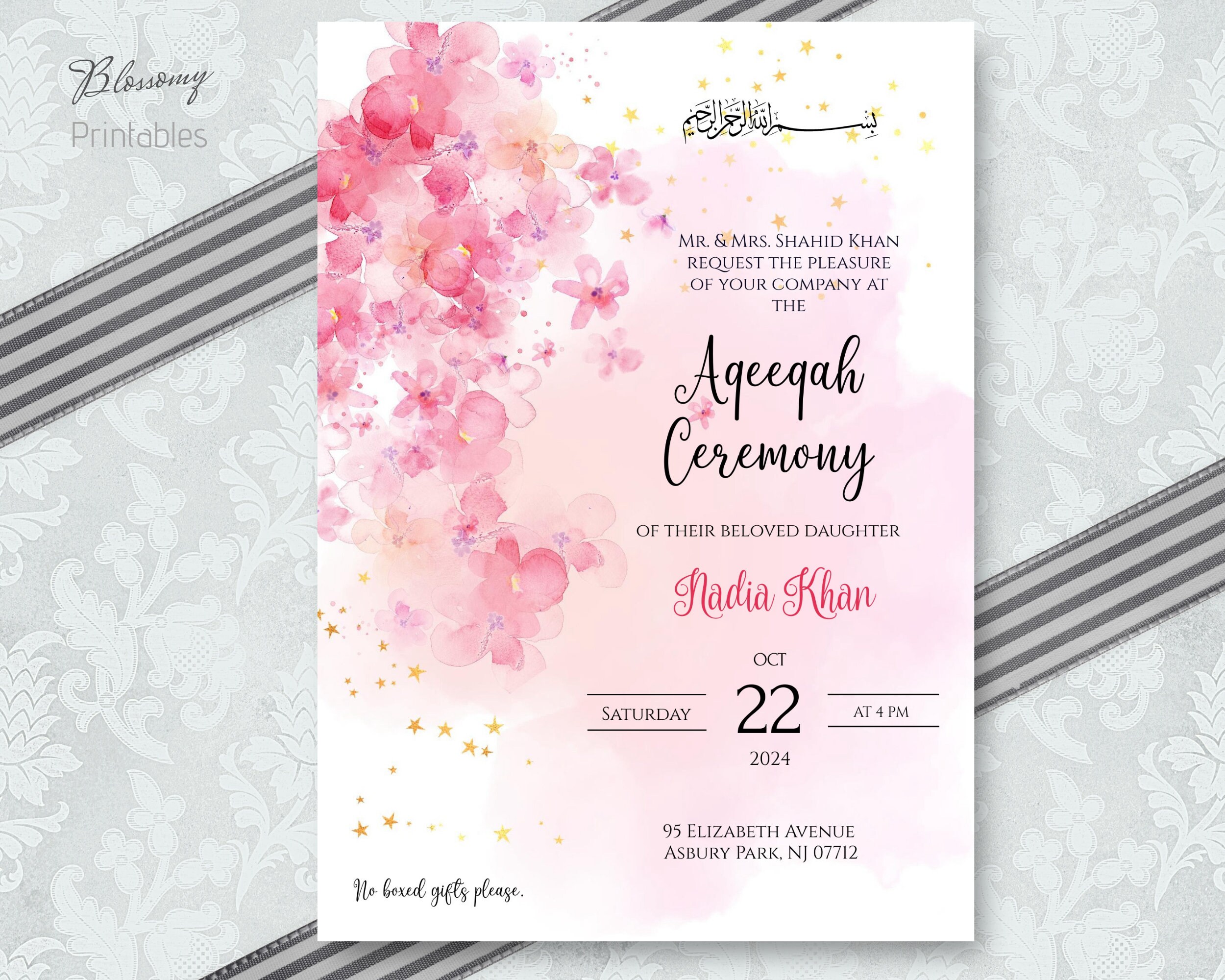 Editable Aqeeqah Invitation Girl Pink Aqeeqah Card Aqiqah Invitation