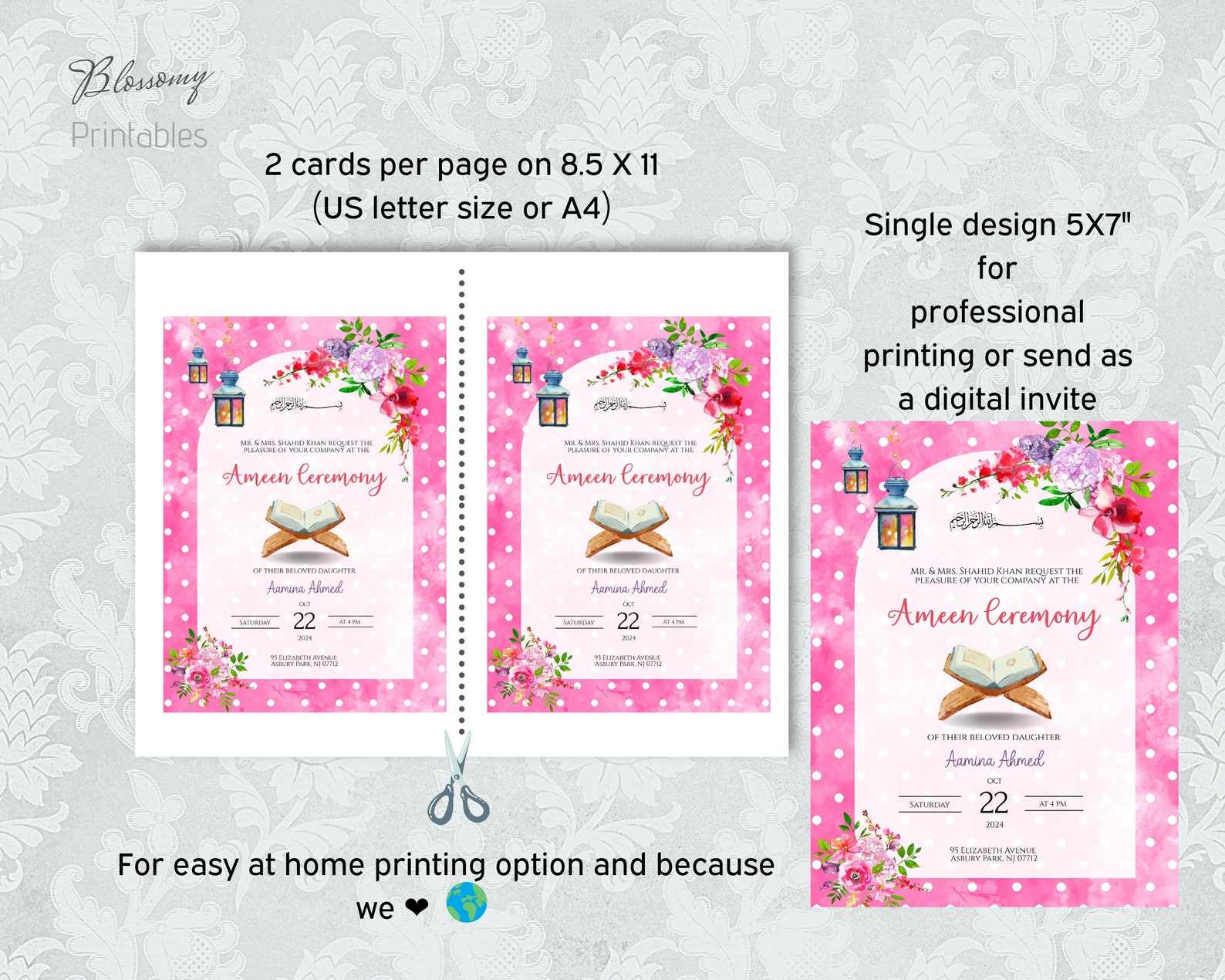 Editable Ameen Invitation Pink, Girl Ameen Card, Amin Invitation ...