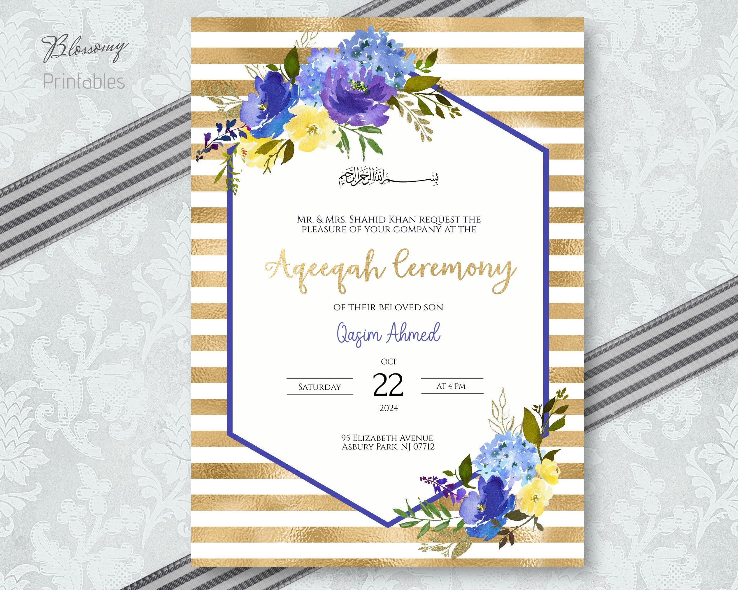 Buy Editable Aqeeqah Invitation Boy, Blue Gold Aqeeqah Card, Aqiqah ...
