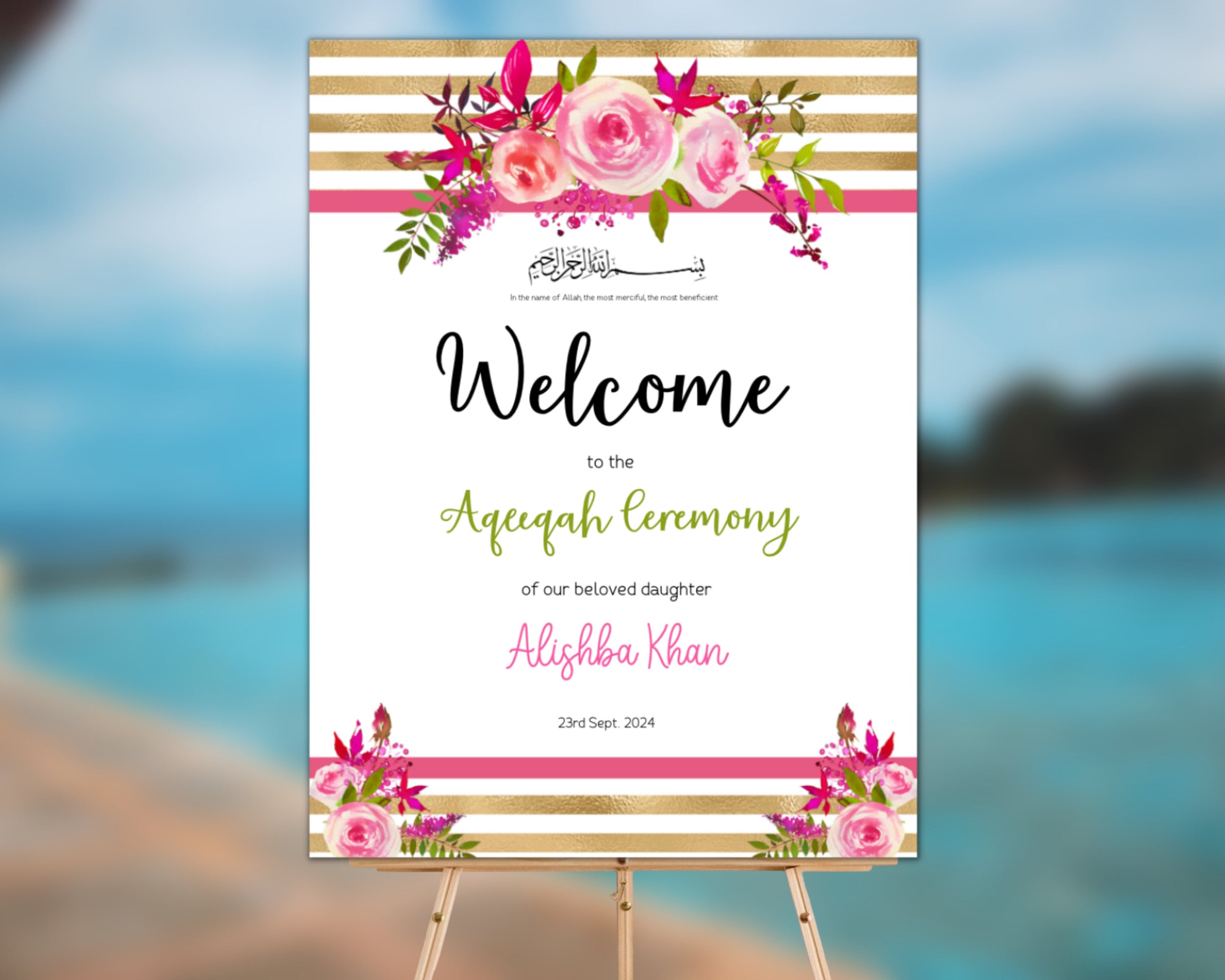 Aqeeqah Welcome Sign Girl, Aqiqah Welcome Sign Pink Gold, Islamic ...