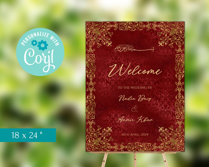 Muslim Wedding Entrance Sign, Nikah Welcome Sign Red Gold, Baraat ...