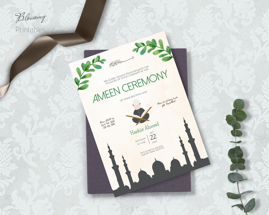 Editable Ameen Invitation Boy, Ameen Card, Green Amin Invitation ...