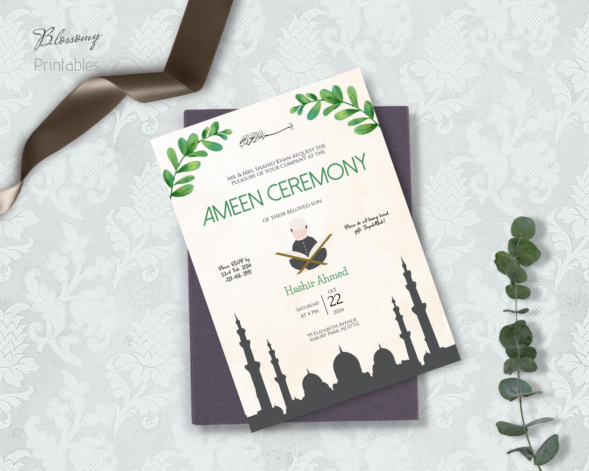Editable Ameen Invitation Boy, Ameen Card, Green Amin Invitation ...