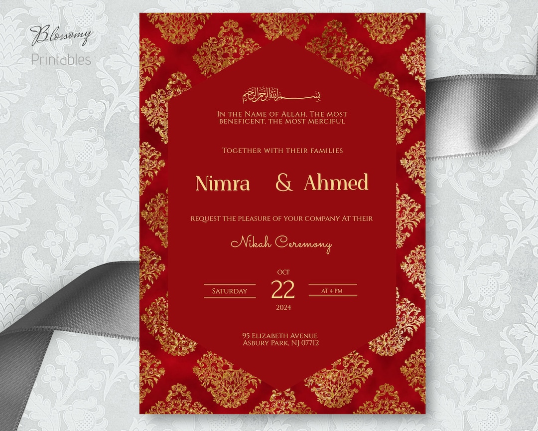 Nikah Invitation Gold Red, Muslim Wedding Invitation, Islamic Wedding ...