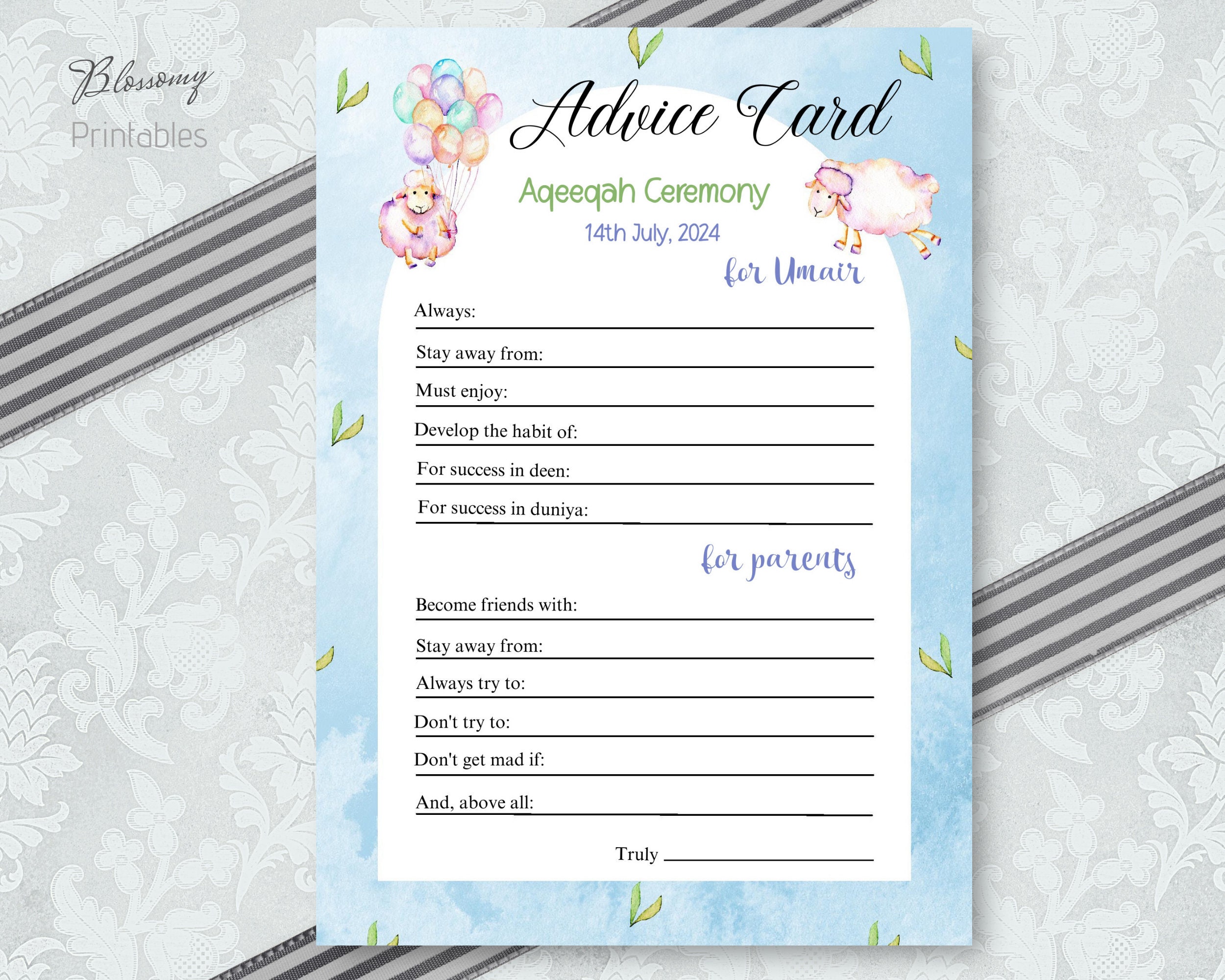 Editable Aqeeqah Advice Card Boy or Girl, Aqeeqah Card, Aqiqah Advice ...