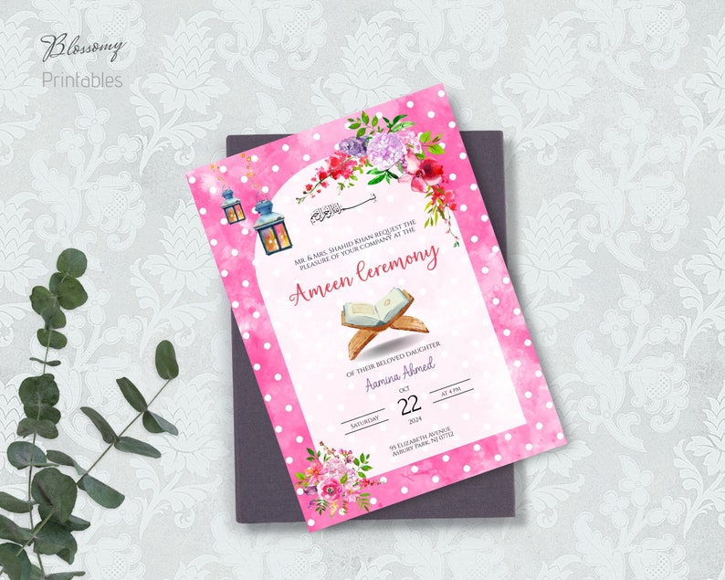 Editable Ameen Invitation Pink, Girl Ameen Card, Amin Invitation ...