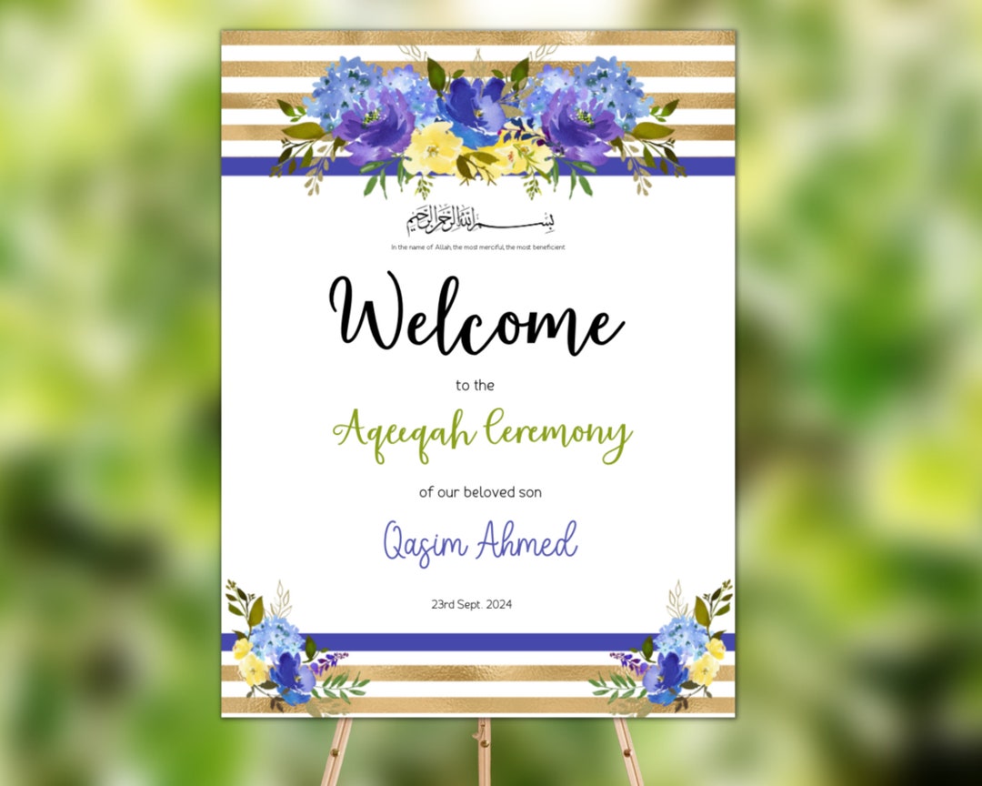 Aqeeqah Welcome Sign Boy, Aqiqah Welcome Sign Blue Gold, Islamic ...