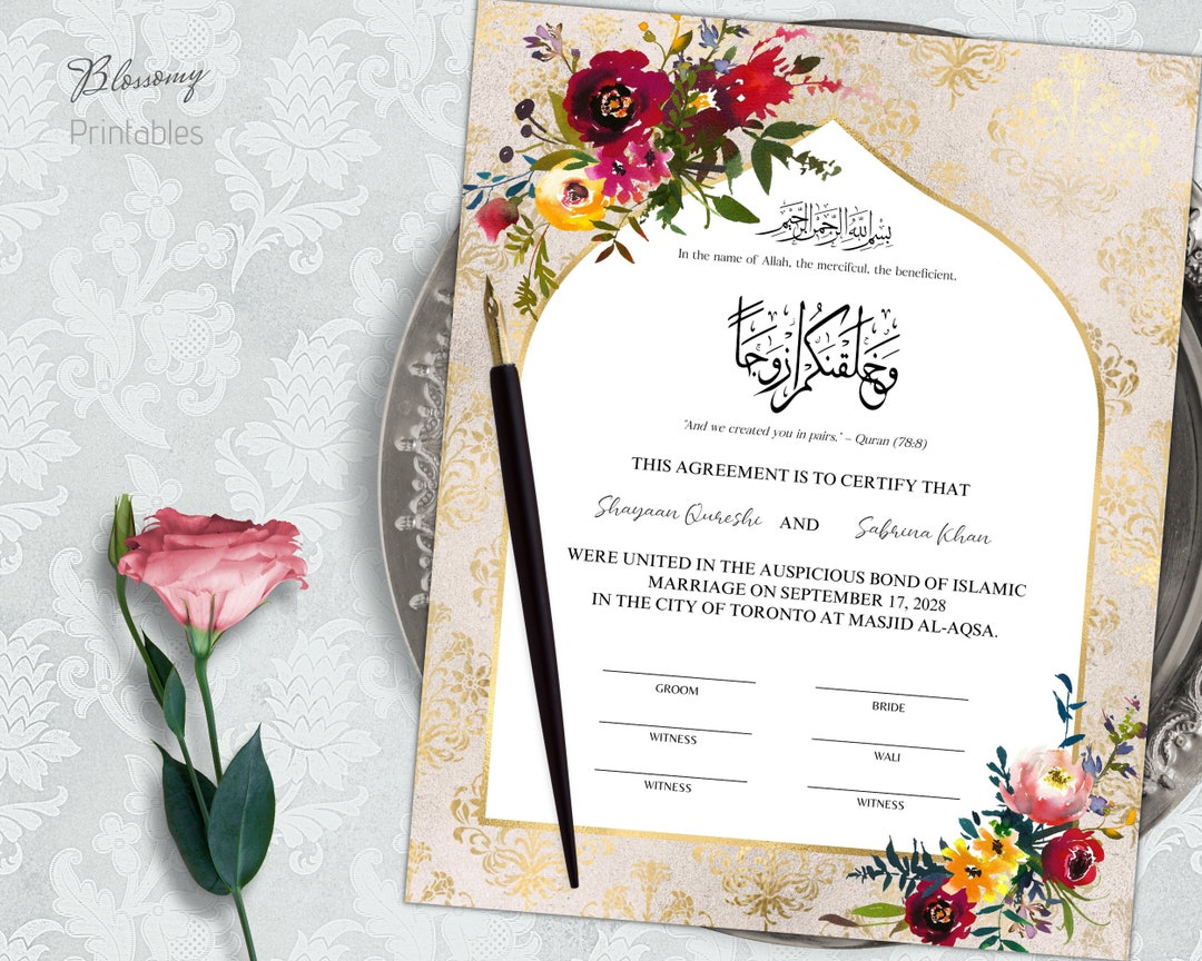 Editable Nikkah Certificate Watercolor Burgundy, Muslim Nikkah Contract ...