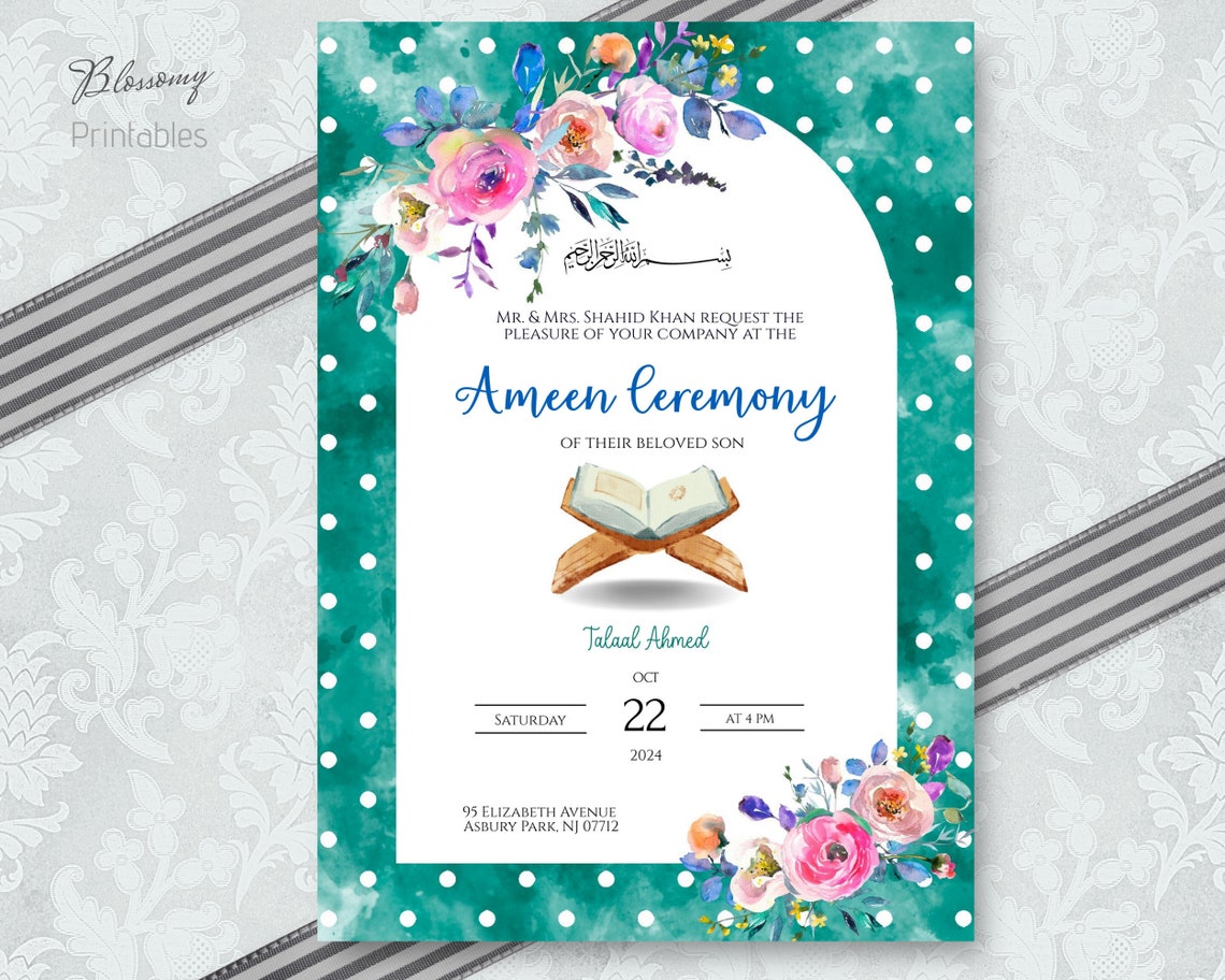 Editable Ameen Invitation Boy, Teal Ameen Card, Amin Invitation, Muslim ...