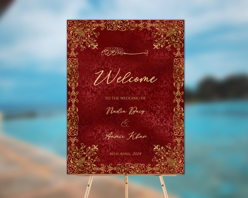 Muslim Wedding Entrance Sign, Nikah Welcome Sign Red Gold, Baraat ...