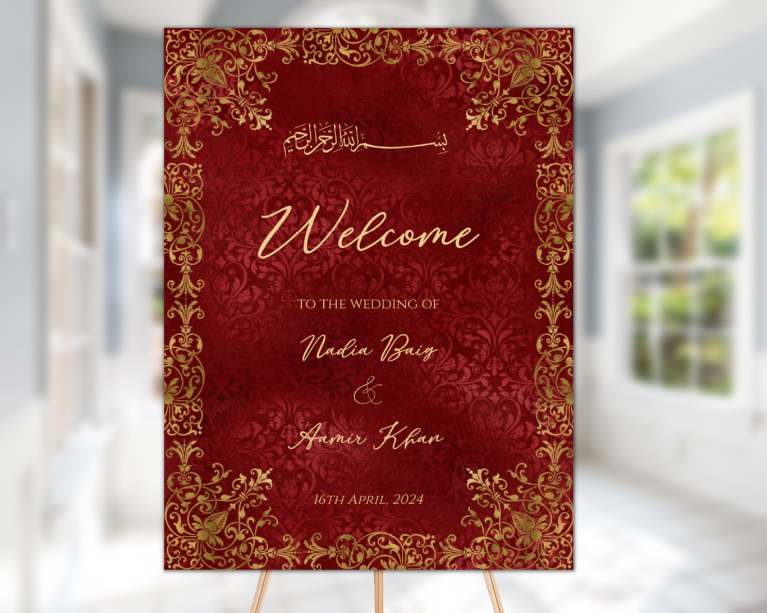 Muslim Wedding Entrance Sign, Nikah Welcome Sign Red Gold, Baraat ...