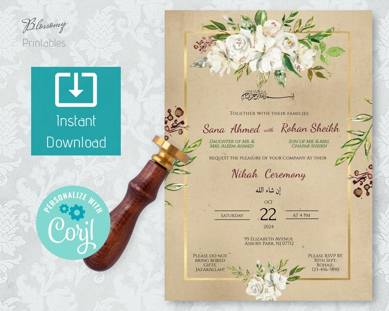 Digital Muslim Wedding Invitation, Nikah Invitation Rustic Green ...