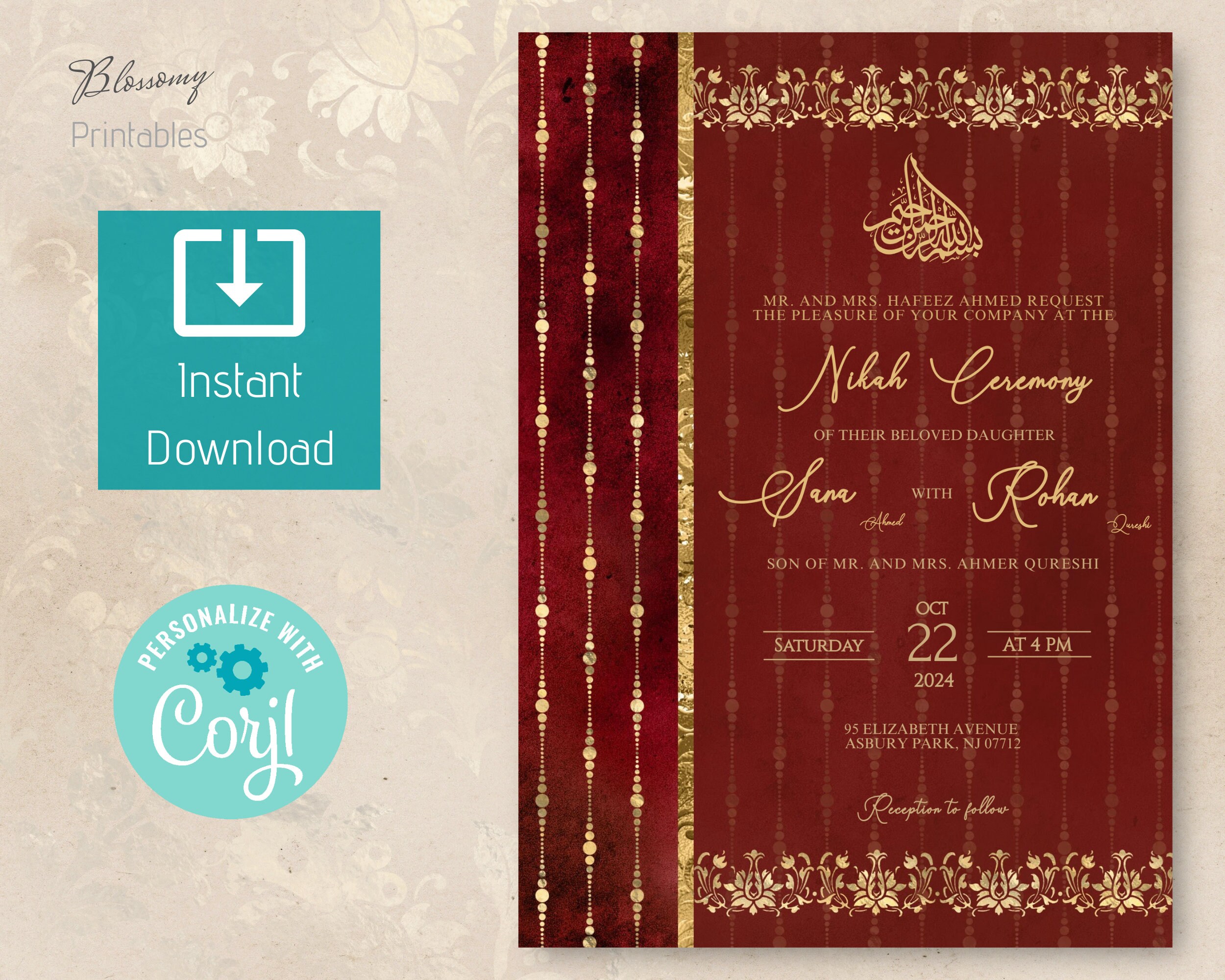 Editable Islamic Wedding Invitation, Baraat Invitation, Islamic Evite ...