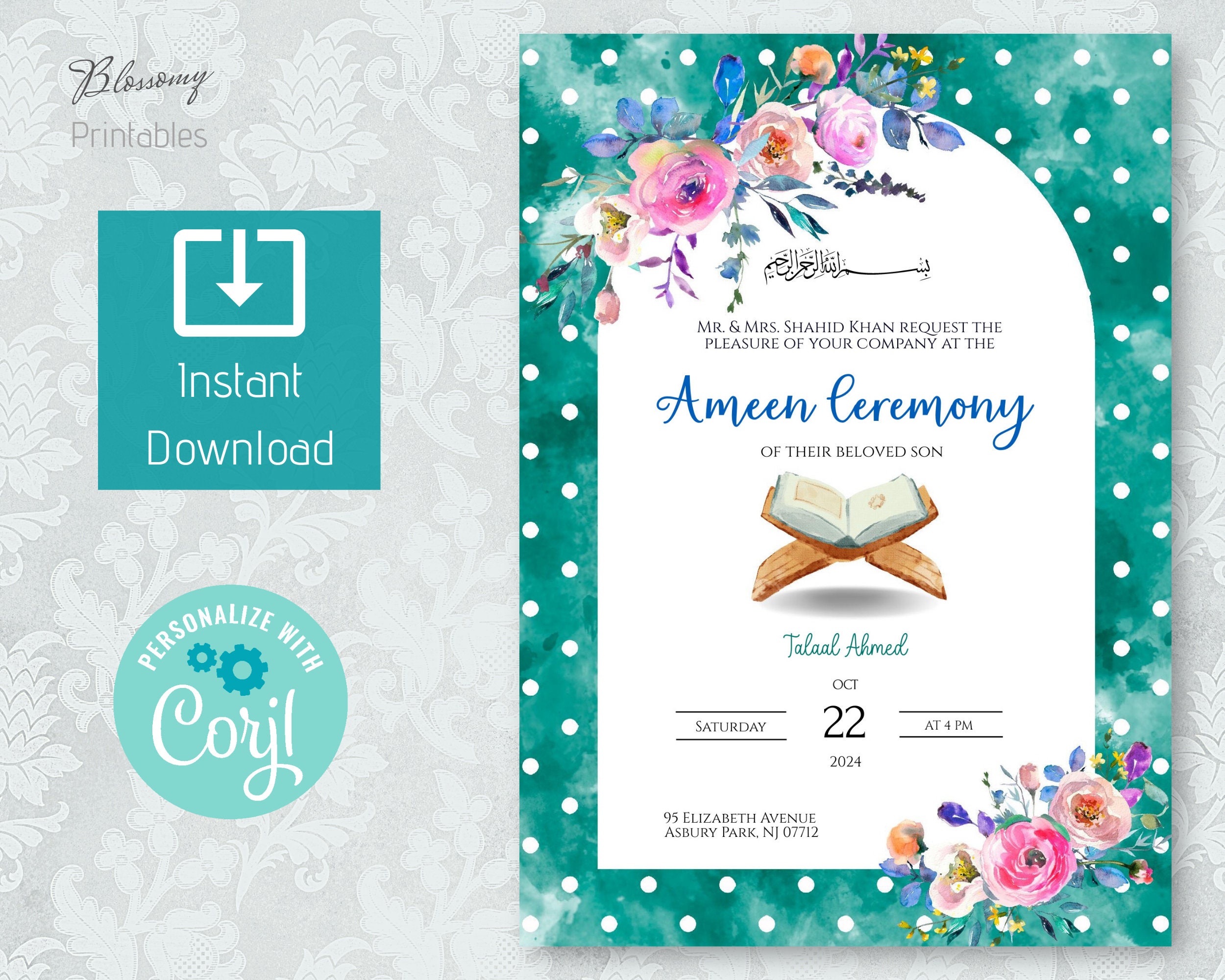 Editable Ameen Invitation Boy, Teal Ameen Card, Amin Invitation, Muslim ...