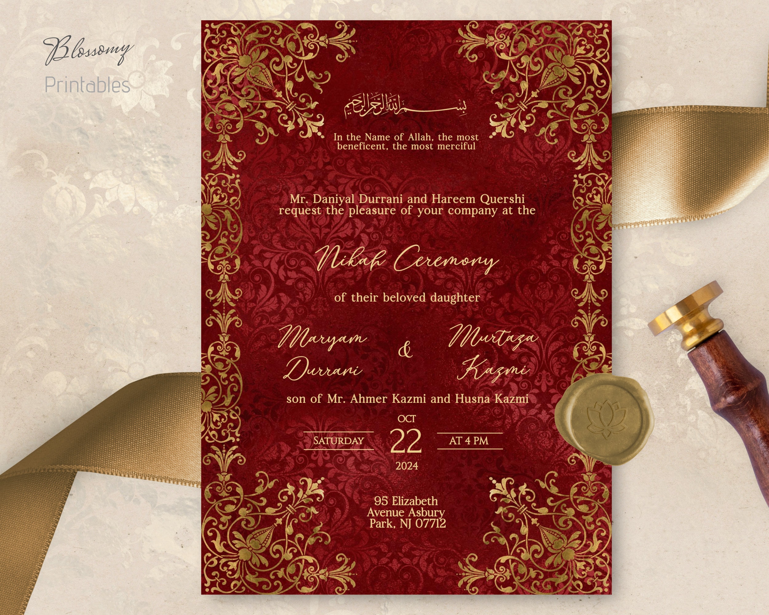 Editable Muslim Wedding Invitation, Nikah Invitation Red Gold, Walima ...