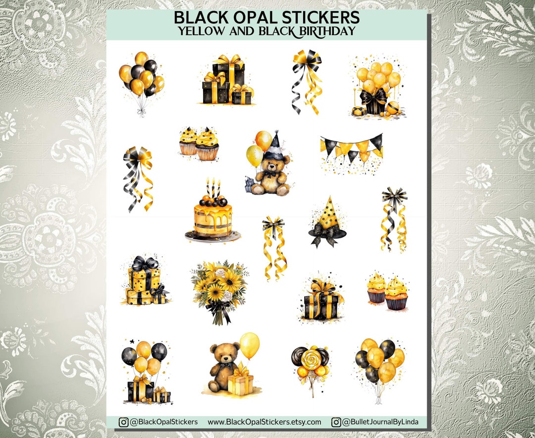 Yellow and Black Birthday Stickers for Bullet Journals, Scrapbooking ...