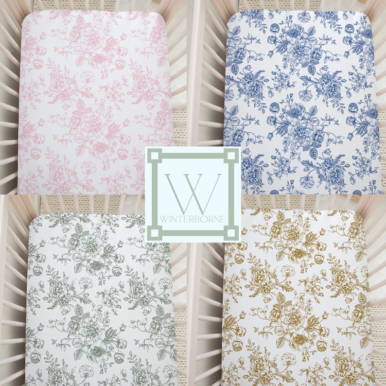 Sage Green Toile Crib Sheet Green Floral Crib Sheet Girls Baby Bedding ...