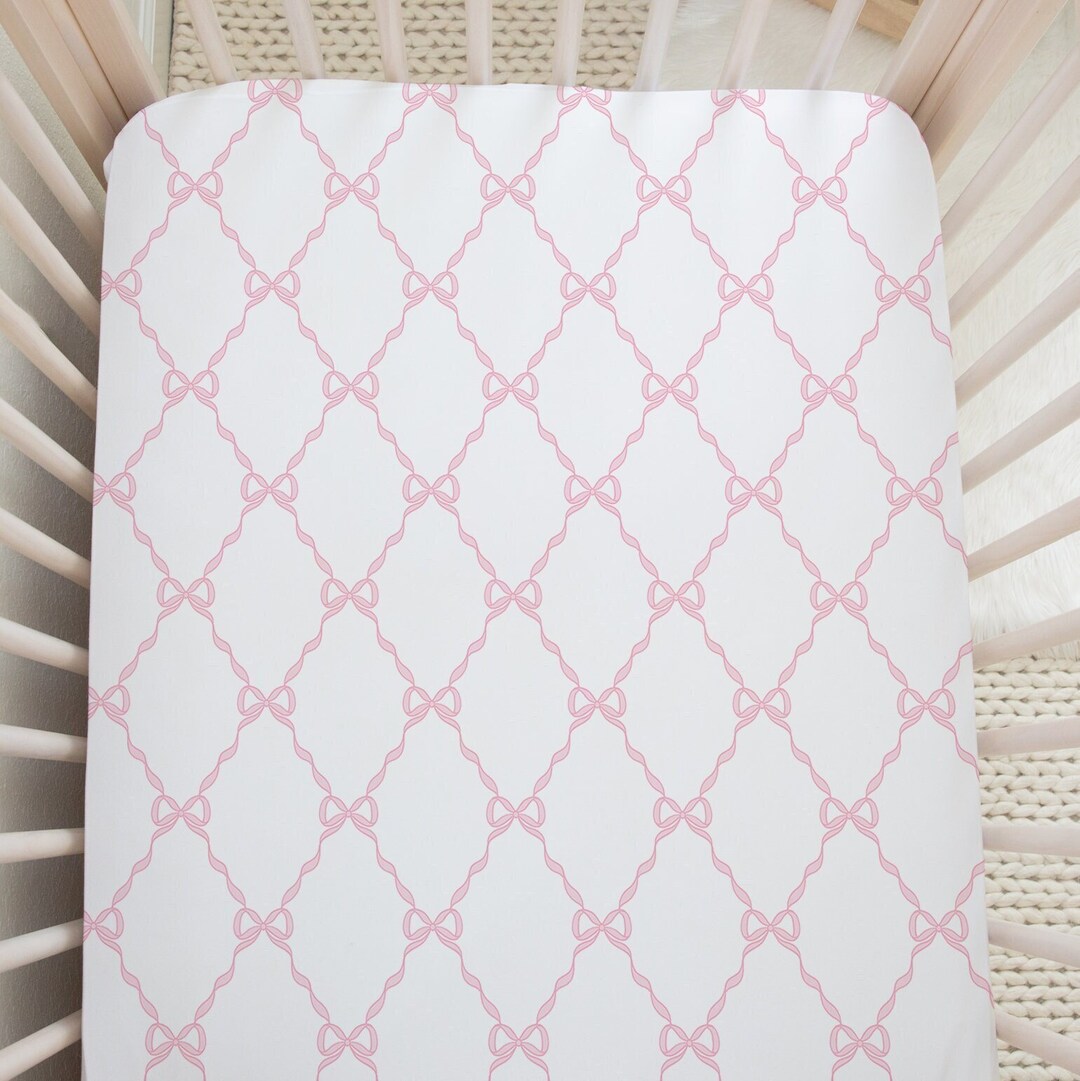 Pink Bow Crib Sheet Girls Pink Crib Sheet Bow Baby Bedding Toile Floral ...