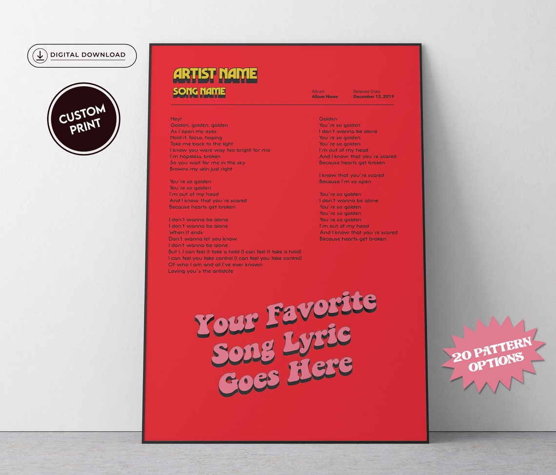 Custom Song Lyric Poster: Retro Music Wall Art (digital Download) - Etsy