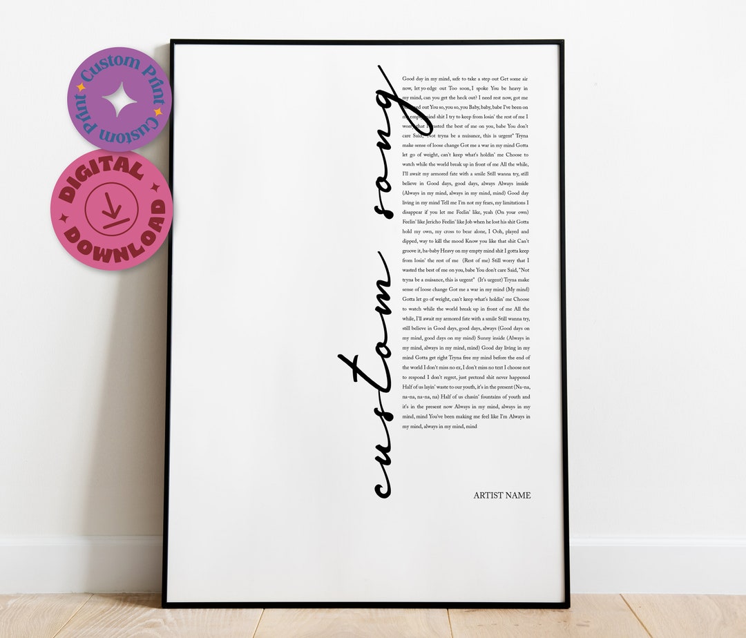 Custom Song Lyrics Poster, Printable Lyric Poster, Favorite Song Wall ...