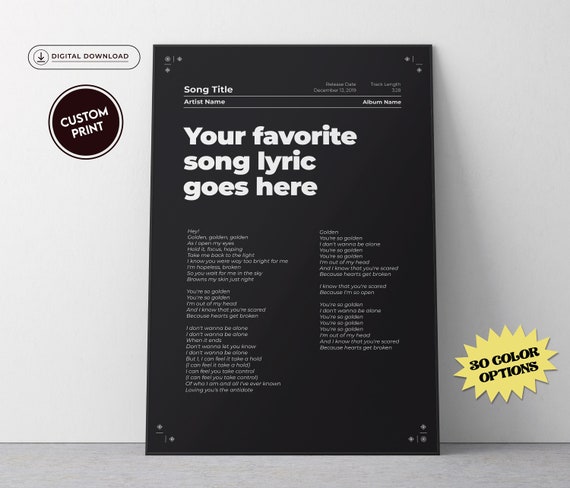 Custom Digital Lyric Poster Printable Lyric Poster Song | Etsy