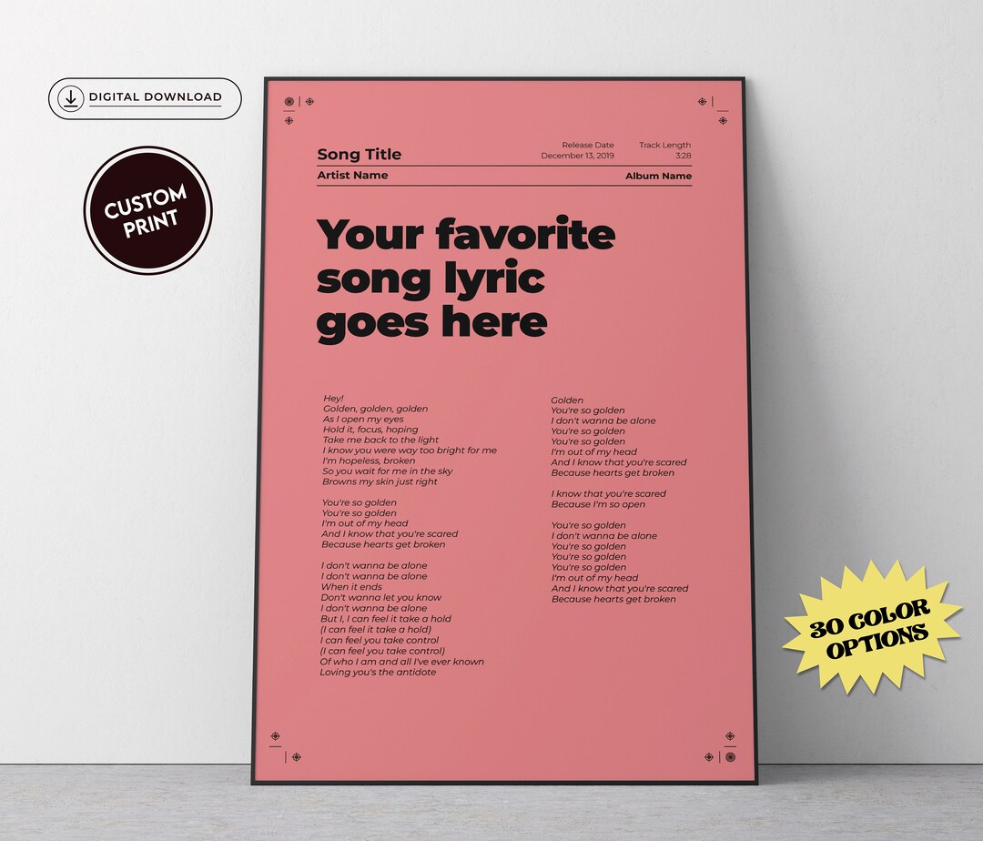 Digital Song Lyrics Poster Printable Lyric Poster Song Lyric Wall Art