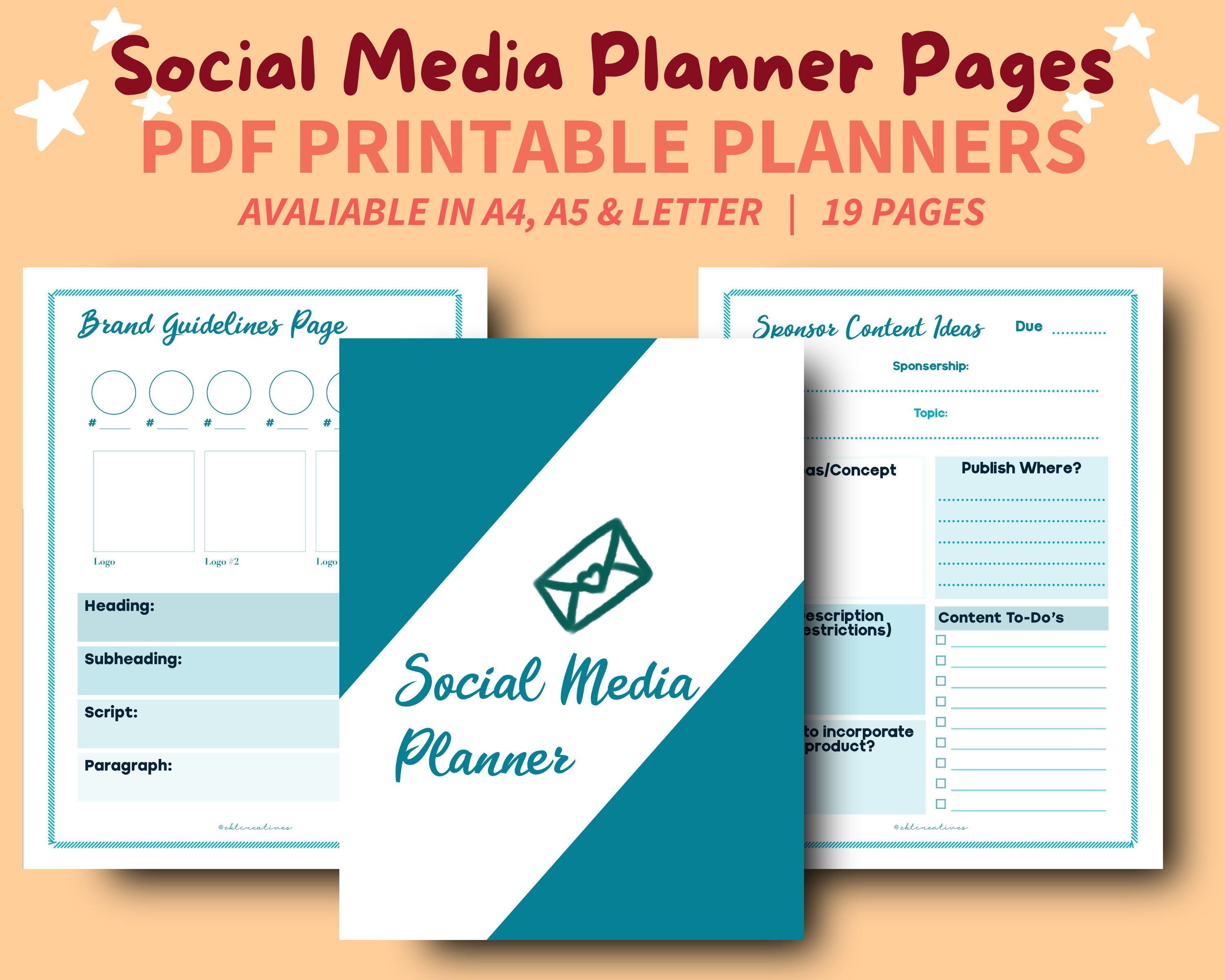 Teal Social Media Printable Planner Pages Branding Kit Content Planner ...