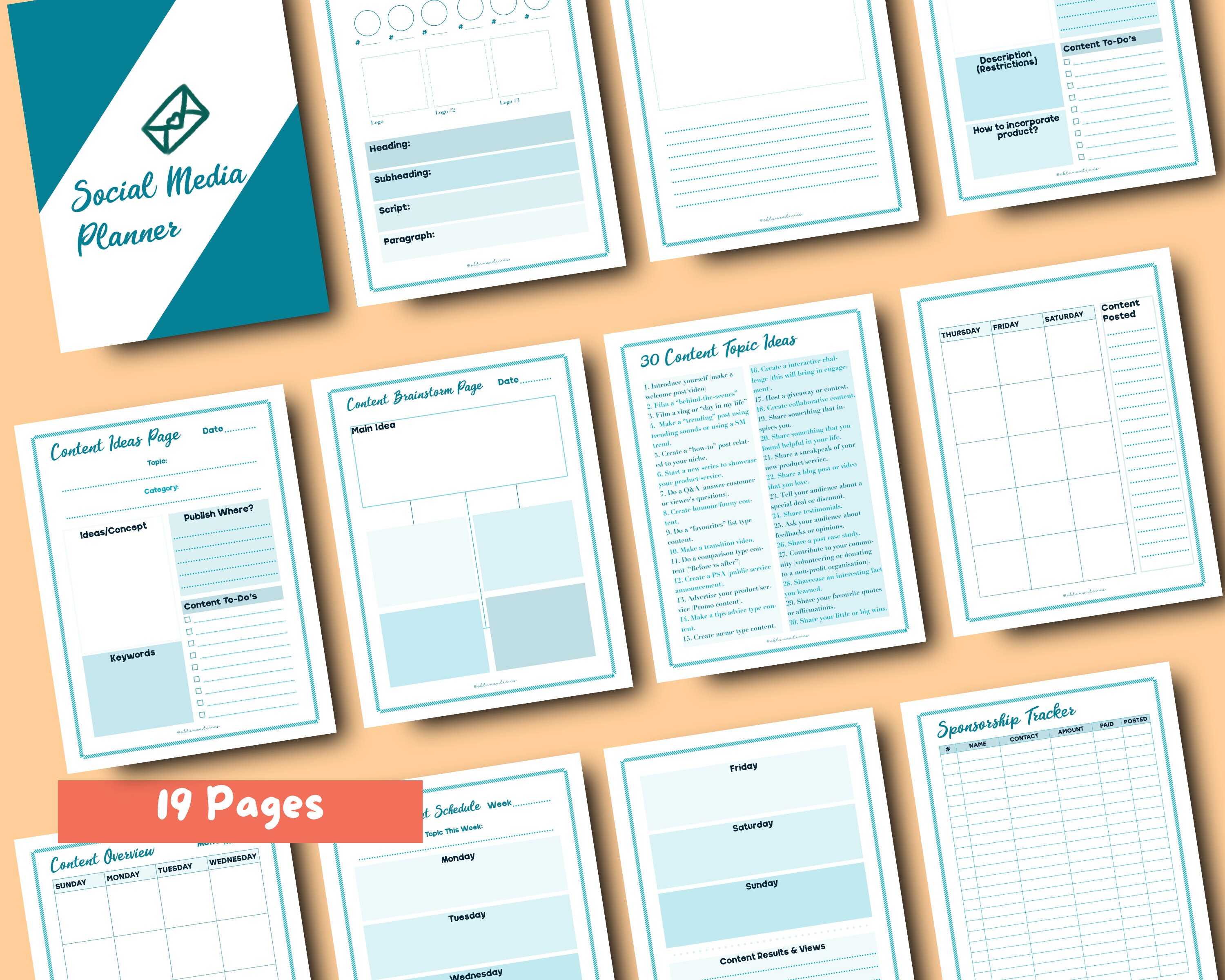 Teal Social Media Printable Planner Pages Branding Kit Content Planner ...