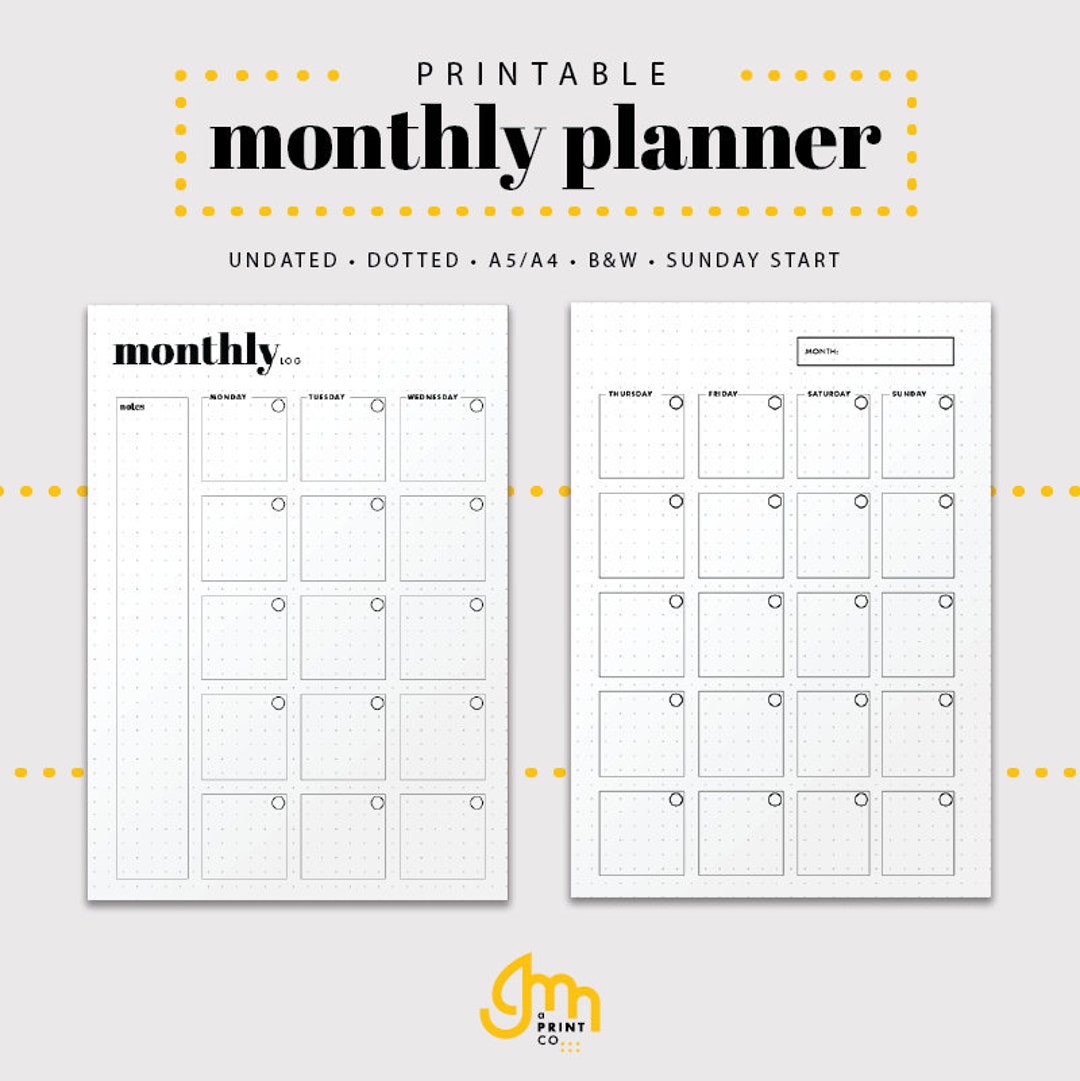 Minimalist Printable Monthly Planners With Dotted Grid A5 & A4 PL002A ...