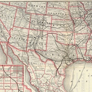 1880 US Railroad Map Including Texas and Mexico - Reproduction Print on ...