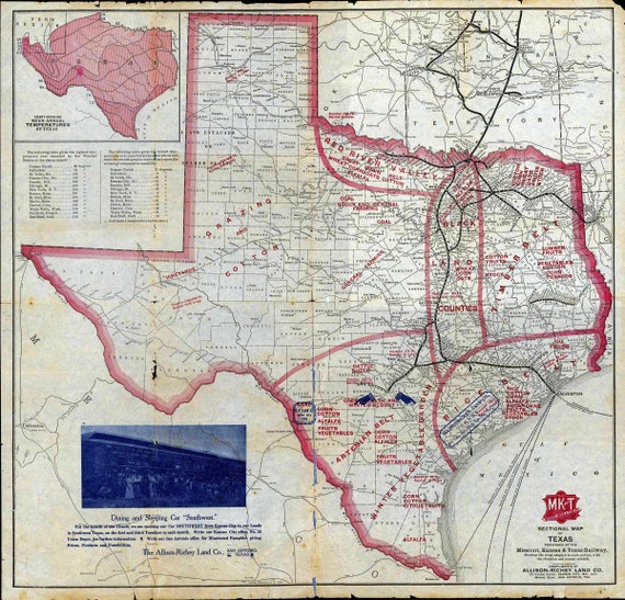Circa 1865 map of Farming and the Missouri Kansas and Texas | Etsy