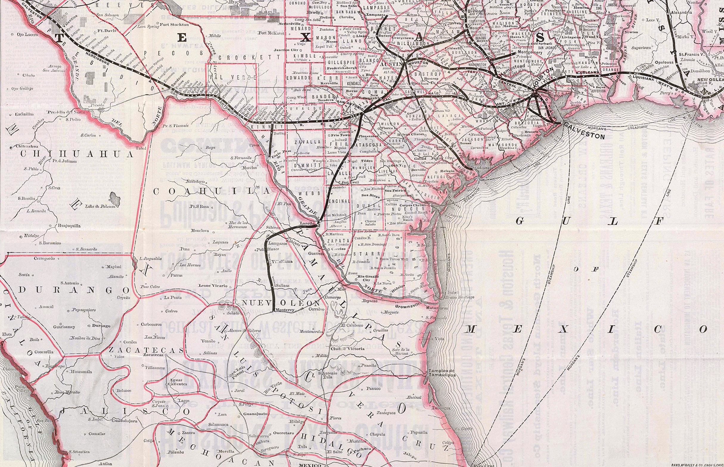 1880 US Railroad Map Including Texas and Mexico - Reproduction Print on ...