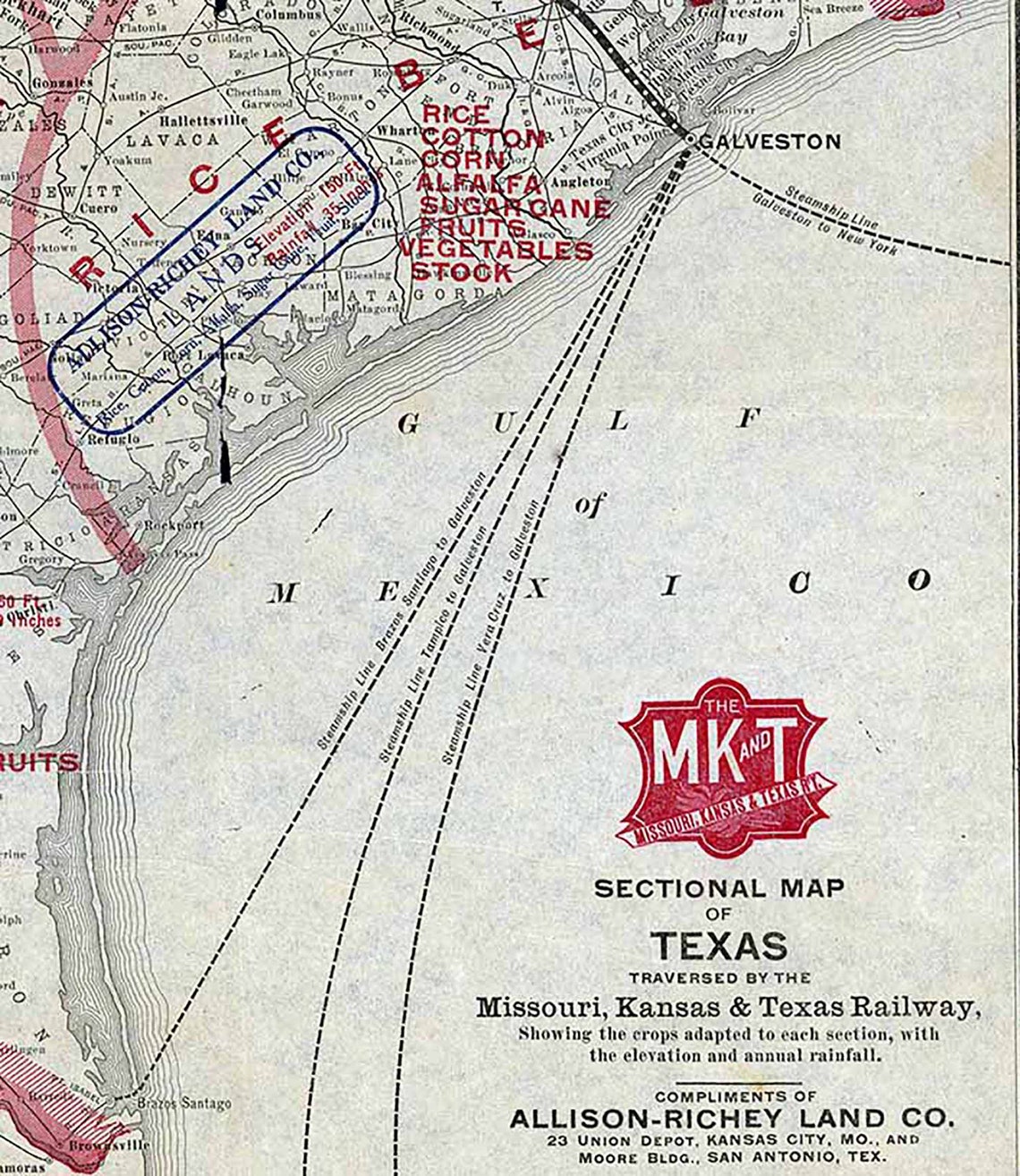 Circa 1865 Map of Farming and the Missouri, Kansas and Texas Railway ...