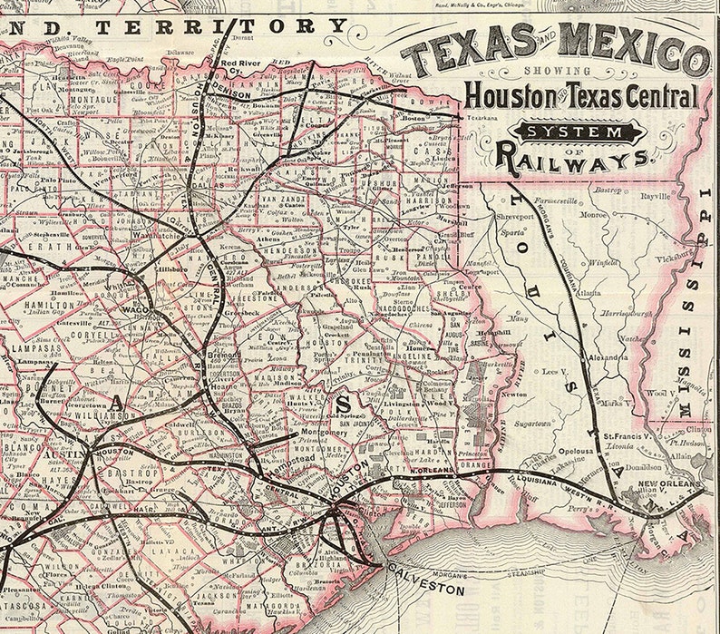 1880 US Railroad Map Including Texas and Mexico - Reproduction Print on ...