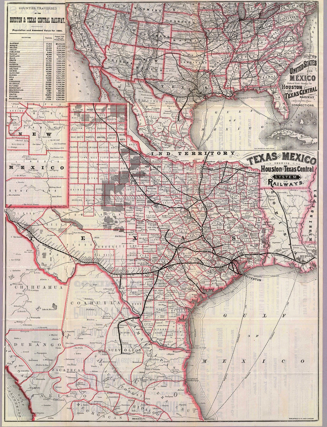 1880 US Railroad Map Including Texas and Mexico - Reproduction Print on ...