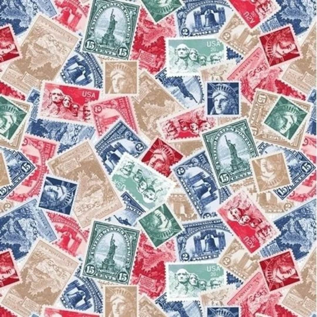 Postage Stamp Fabric, We the People, Patriotic Cotton Fabric, US ...