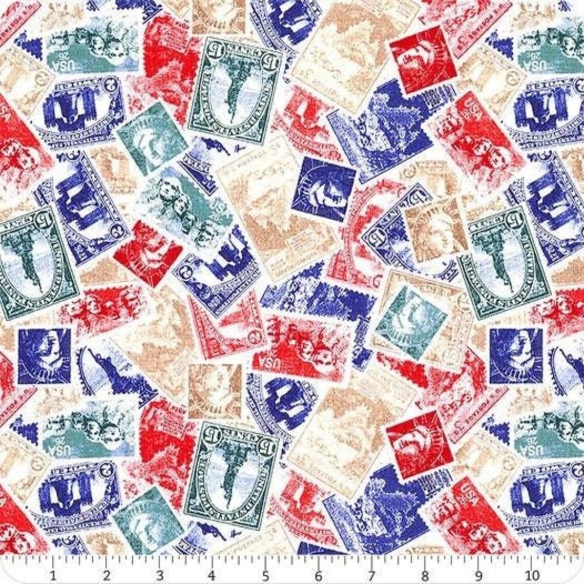 Postage Stamp Fabric, We the People, Patriotic Cotton Fabric, US ...