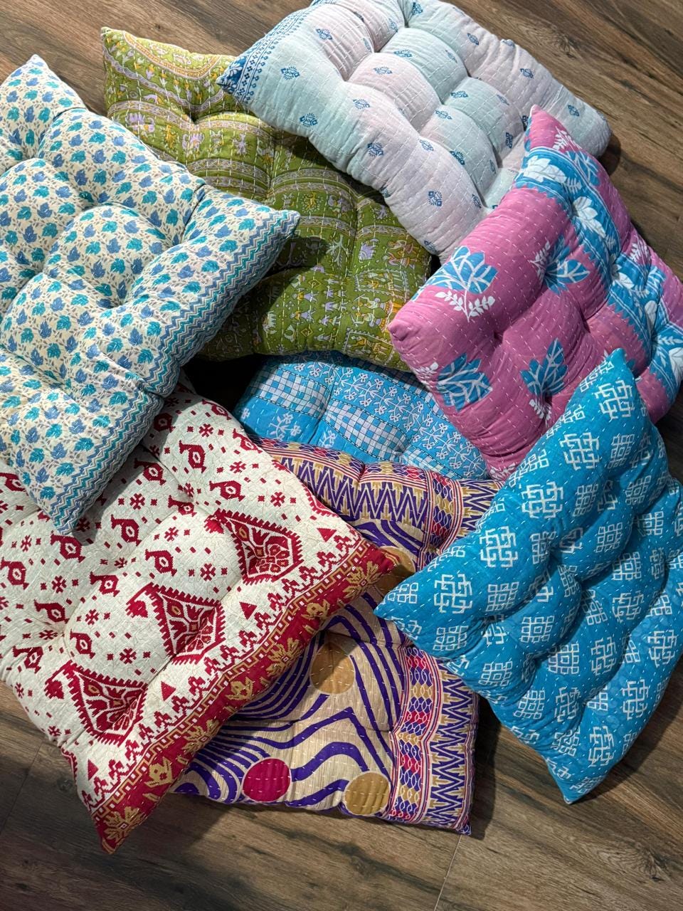 Indian Kantha Chair Cushion – Handmade Quilted Bench Seat Pad, Bohemian ...